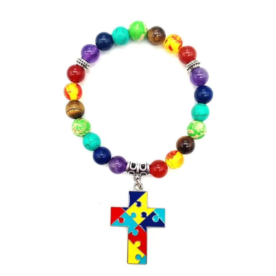 Autism Awareness 7 Beads Elastic Bracelet Natural Stone Rainbow Jewelry ...