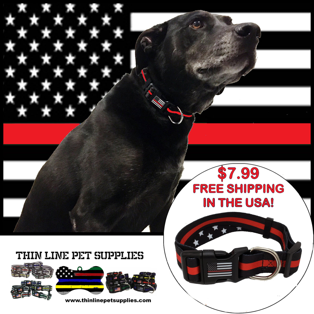 Classic Thin Red Line Dog Collar Firefighter Fireman EMS Rescue ...